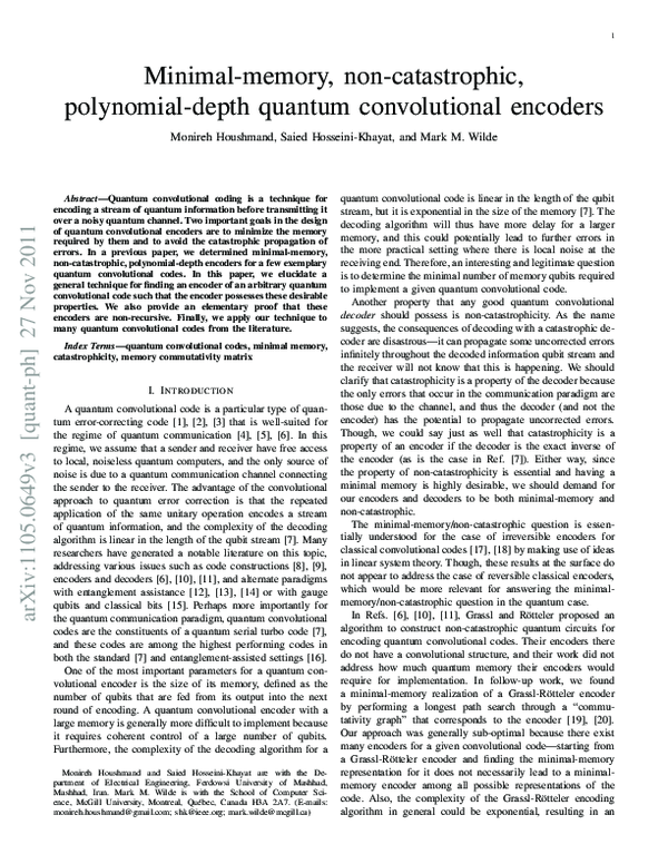 (PDF) Minimal-memory, non-catastrophic, polynomial-depth quantum convolutional encoders