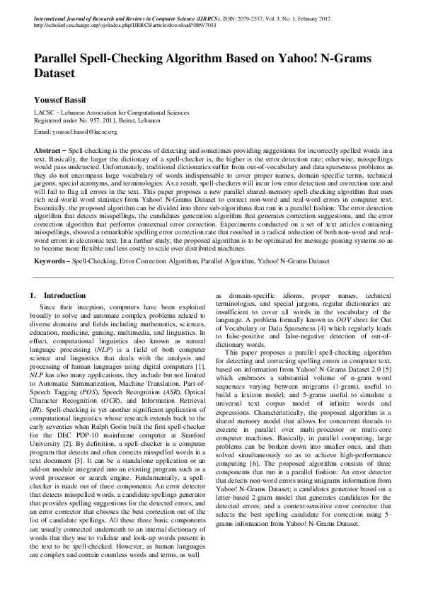 (PDF) Parallel Spell-Checking Algorithm Based on Yahoo! N-Grams Dataset