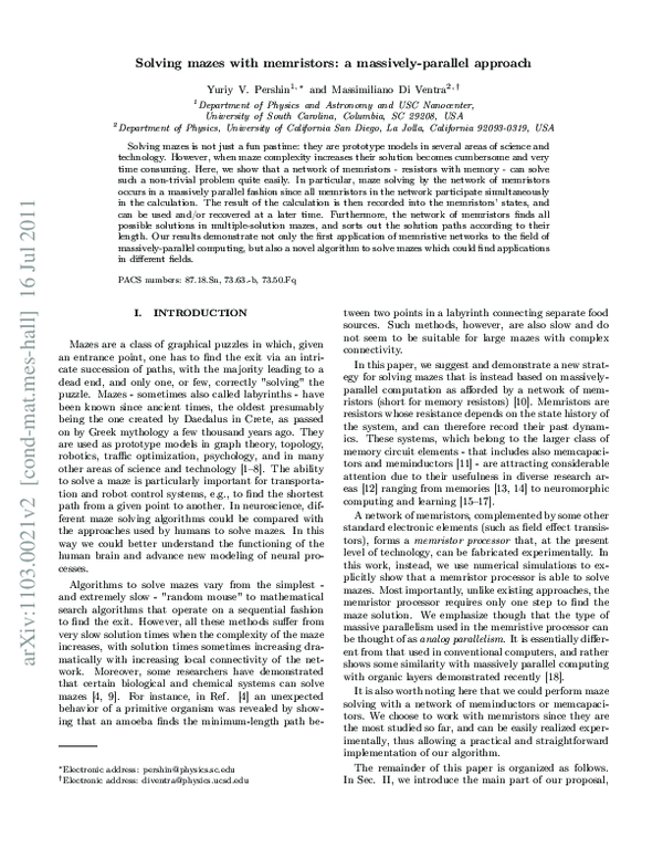 (PDF) Solving mazes with memristors: A massively parallel approach