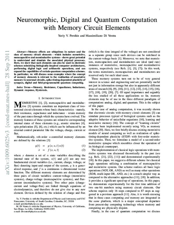 (PDF) Neuromorphic, Digital, and Quantum Computation With Memory Circuit Elements
