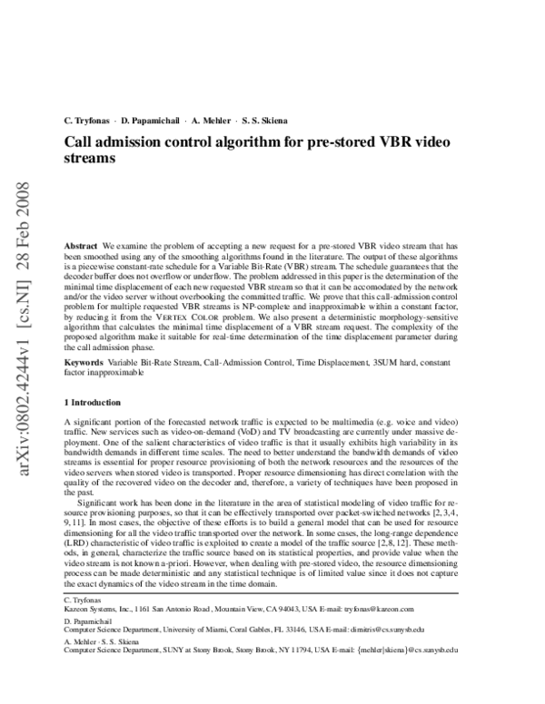 Pdf Call Admission Control Algorithm For Pre Stored Vbr Video Streams