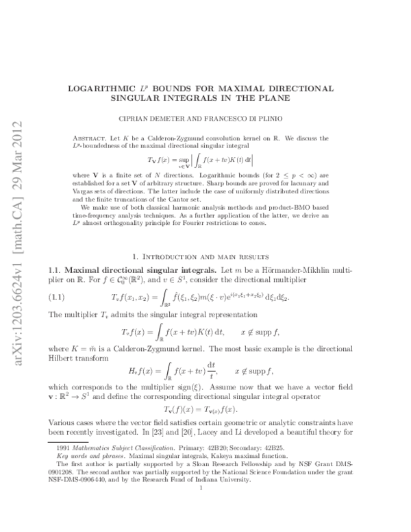 Pdf Logarithmic L P Bounds For Maximal Directional Singular Integrals In The Plane