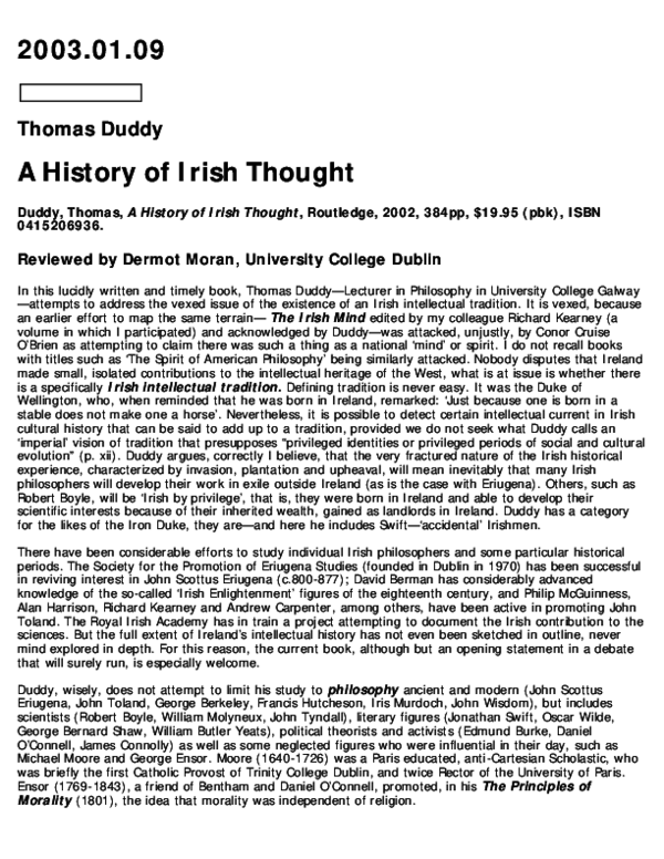 (PDF) Review of Thomas Duddy "A History of Irish Thought"