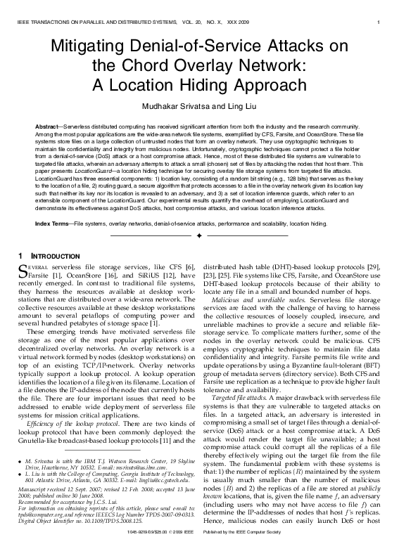 (PDF) Mitigating Denial-of-Service Attacks on the Chord Overlay Network: A Location Hiding Approach