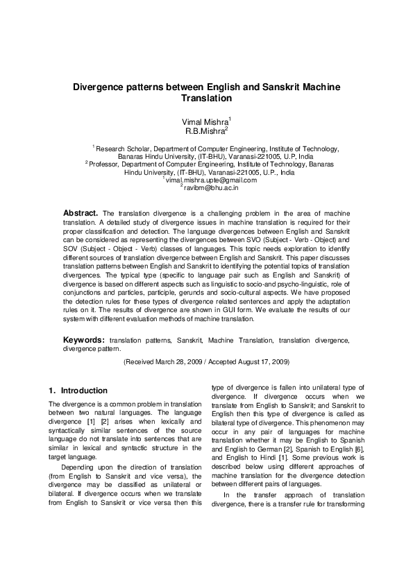 (PDF) Divergence patterns between English and Sanskrit Machine Translation