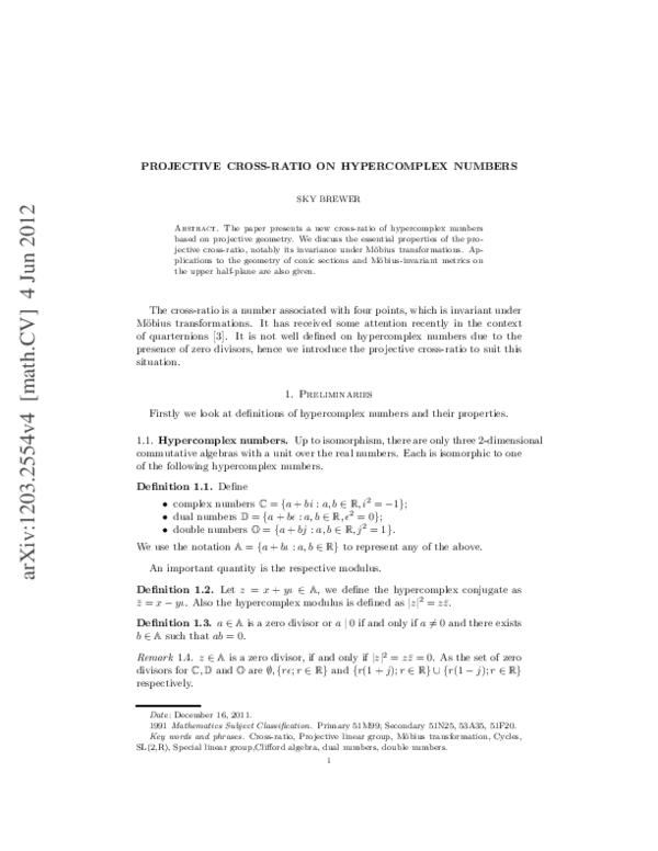 (PDF) Projective Cross-ratio on Hypercomplex Numbers