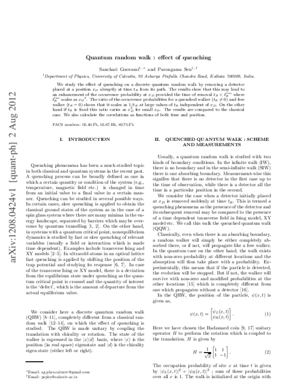 (PDF) Quantum random walk: effect of quenching