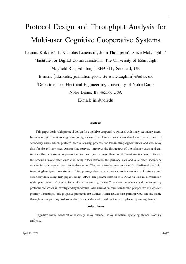 (PDF) Protocol design and throughput analysis for multi-user cognitive ...