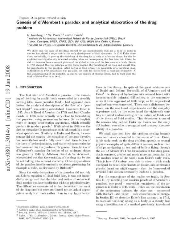(PDF) Genesis of d'Alembert's paradox and analytical elaboration of the ...