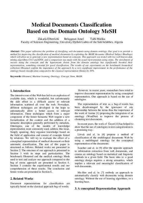 (PDF) Medical Documents Classification Based on the Domain Ontology MeSH