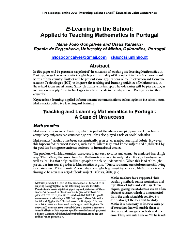 (PDF) E-Learning in the School: Applied to Teaching Mathematics in Portugal