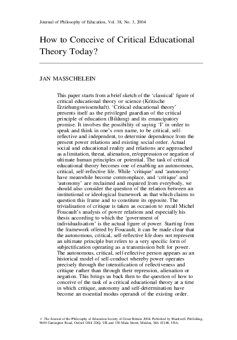 (PDF) How to conceive of critical educational theory today?