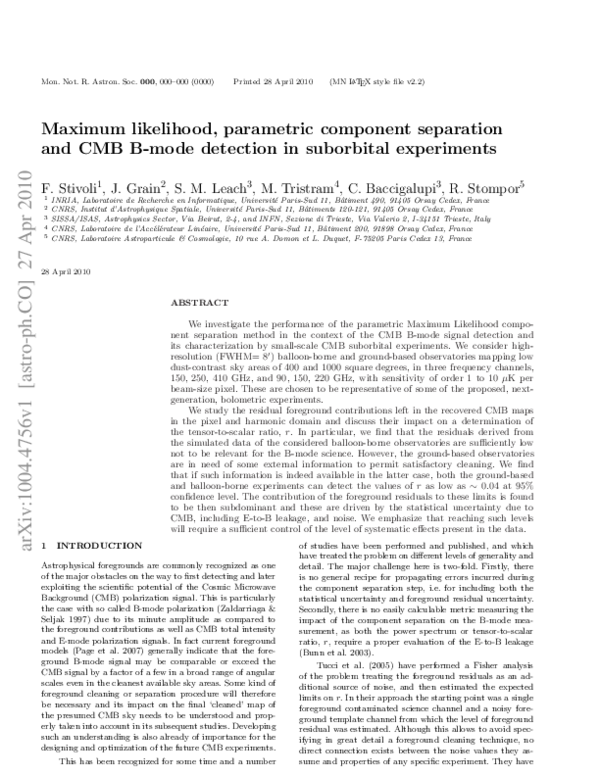 (PDF) Maximum likelihood, parametric component separation and CMB B‐mode detection in suborbital ...