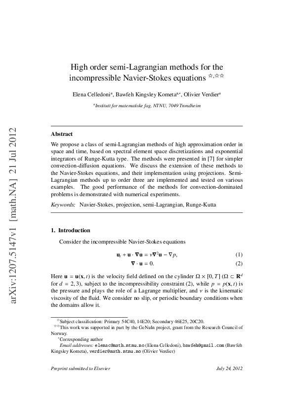 (PDF) High order semi-Lagrangian methods for the incompressible Navier-Stokes equations