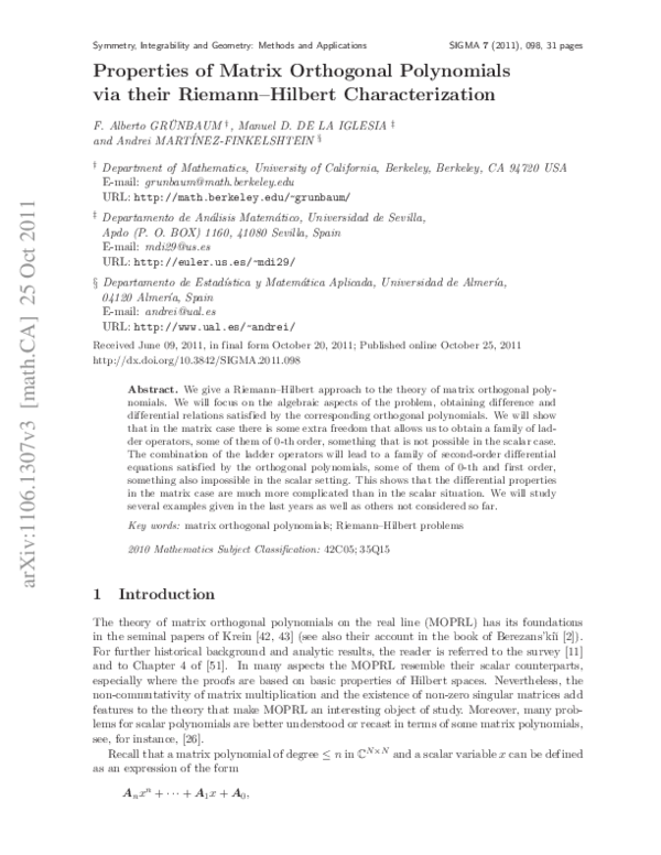 (PDF) Properties of matrix orthogonal polynomials via their Riemann–Hilbert characterization