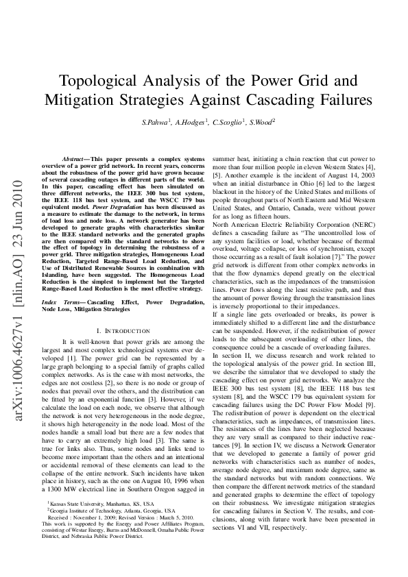 (PDF) Topological analysis of the power grid and mitigation strategies against cascading failures