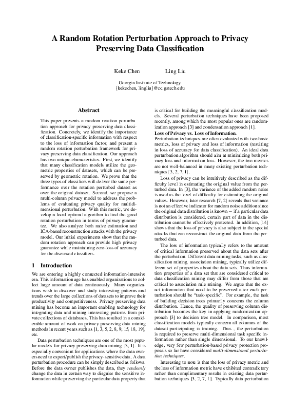 (PDF) A Random Rotation Perturbation Approach to Privacy Preserving Data Classification