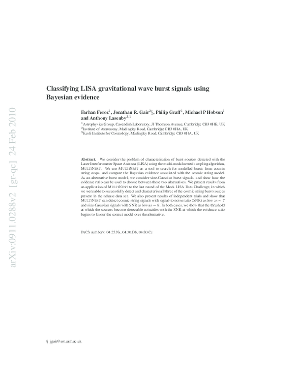 Pdf Classifying Lisa Gravitational Wave Burst Signals Using Bayesian Evidence