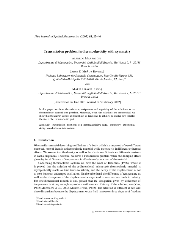 (PDF) Transmission problem in thermoelasticity with symmetry