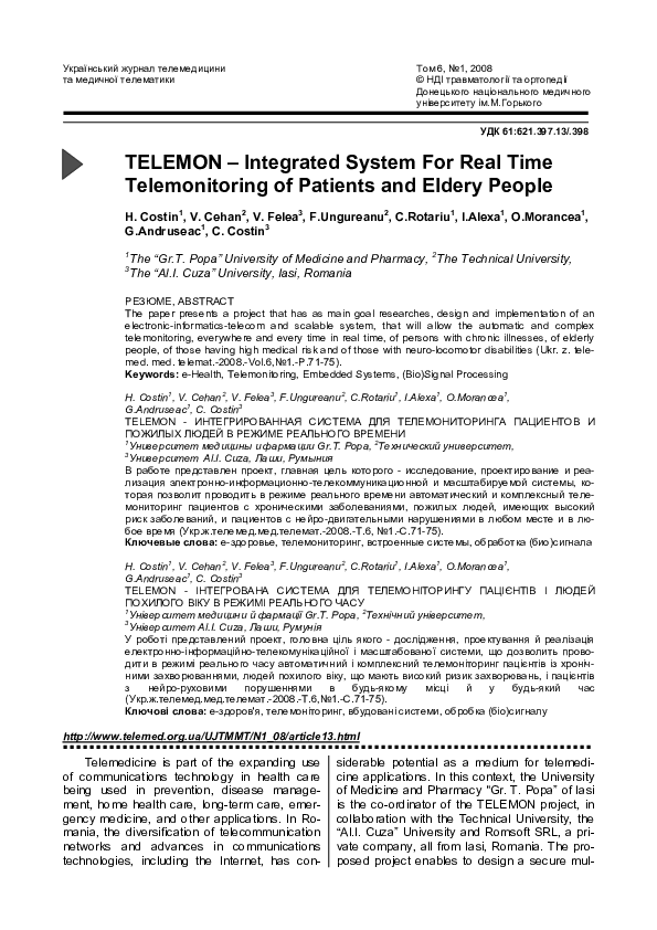 (PDF) TELEMON–Integrated System For Real Time Telemonitoring of ...