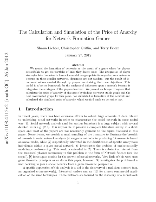 (PDF) Calculating the Price of Anarchy for Network Formation Games