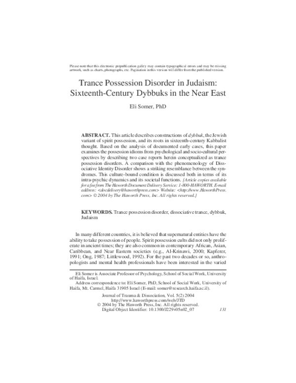 (PDF) Trance Possession Disorder in Judaism: Sixteenth-Century Dybbuks ...