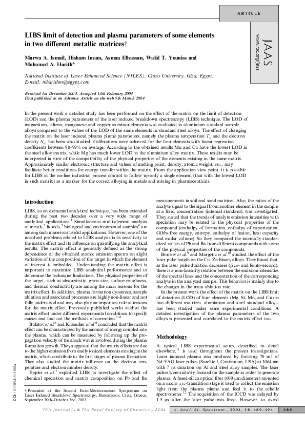 Pdf Libs Limit Of Detection And Plasma Parameters Of Some Elements In
