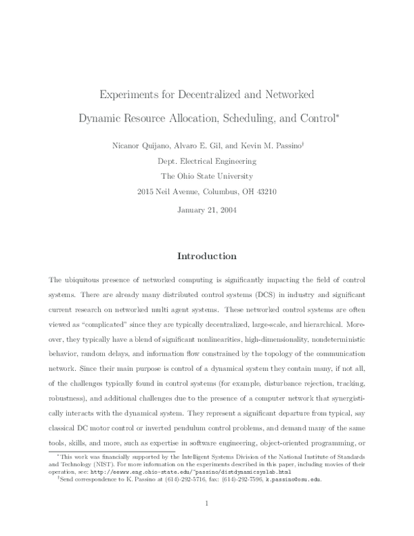 Pdf Experiments For Decentralized And Networked Dynamic Resource Allocation Scheduling And