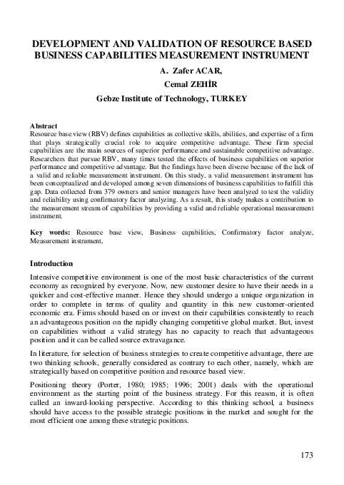 (PDF) DEVELOPMENT AND VALIDATION OF RESOURCE BASED BUSINESS CAPABILITIES MEASUREMENT INSTRUMENT