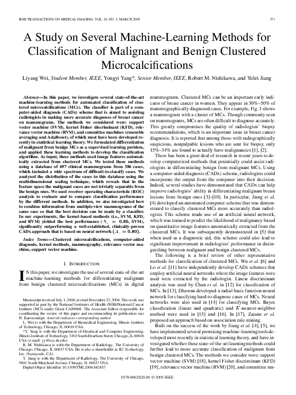 (PDF) A study on several machine-learning methods for classification of malignant and benign ...