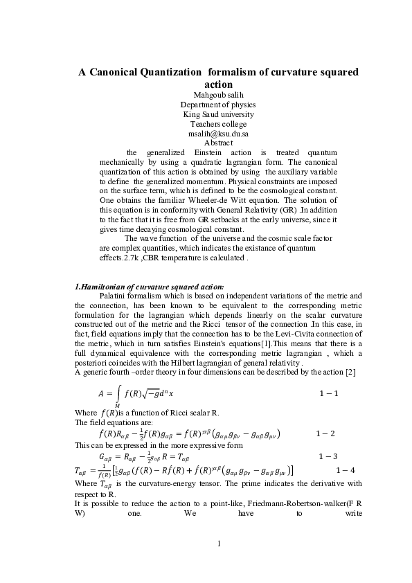 (PDF) A Canonical Quantization formalism of curvature squared action