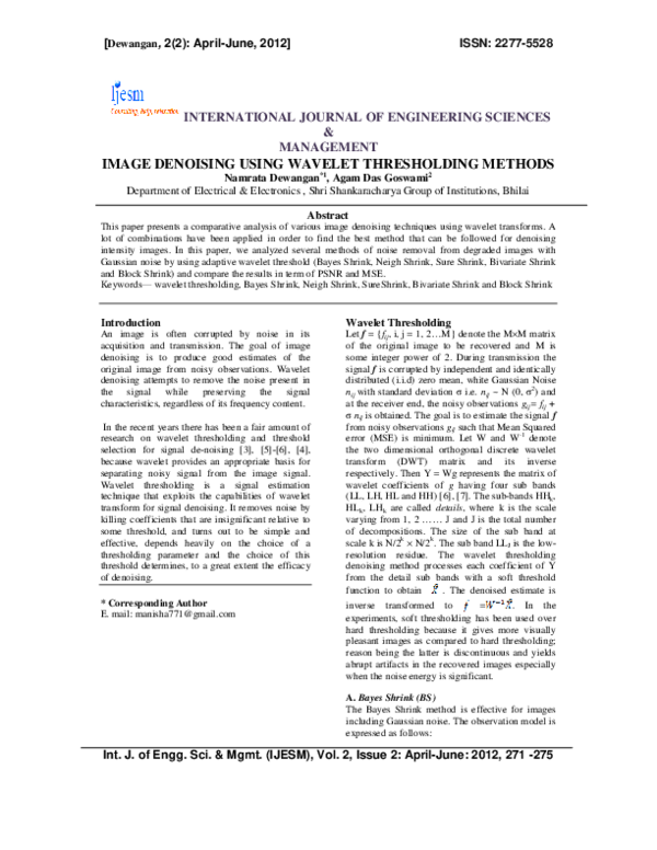 Pdf Image Denoising Using Wavelet Thresholding Methods