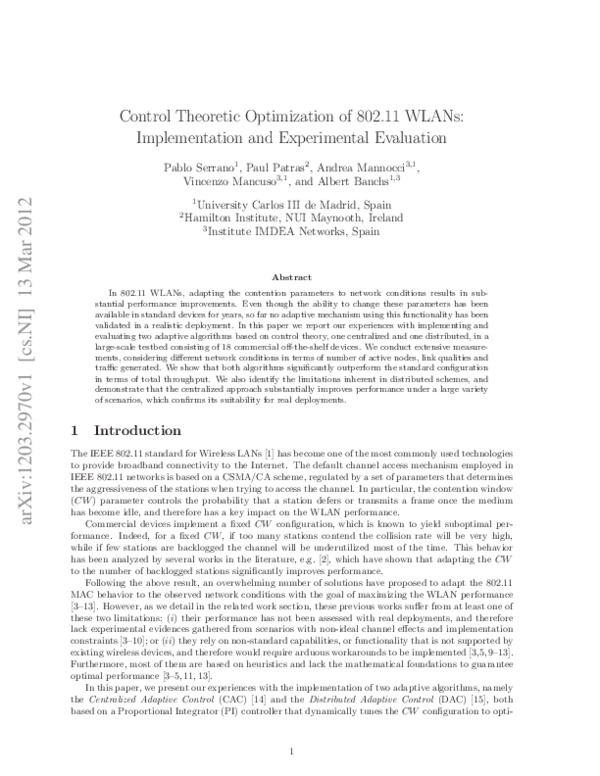 Pdf Control Theoretic Optimization Of 80211 Wlans Implementation And Experimental Evaluation