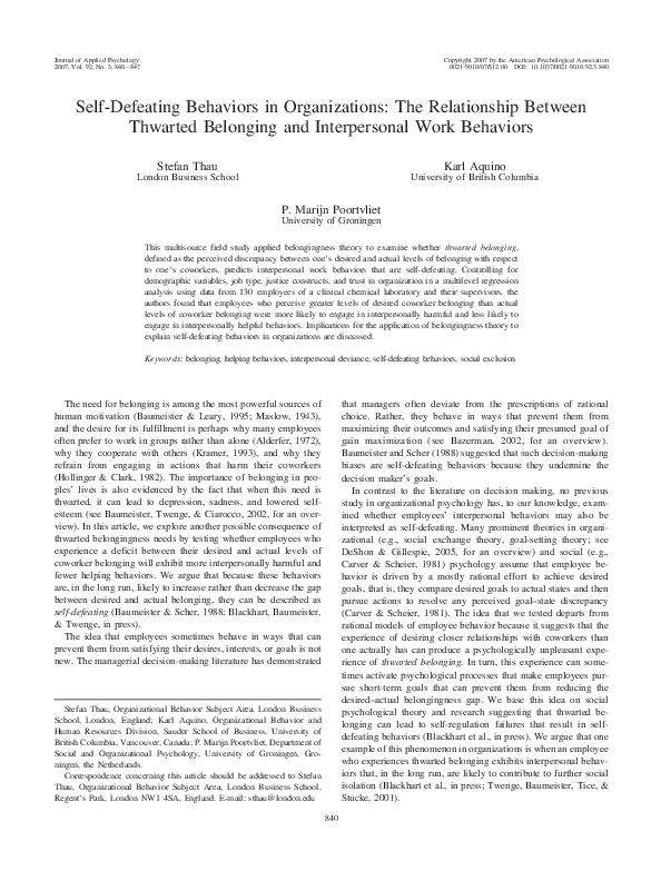 (PDF) Self-Defeating Behaviors in Organizations: The Relationship ...