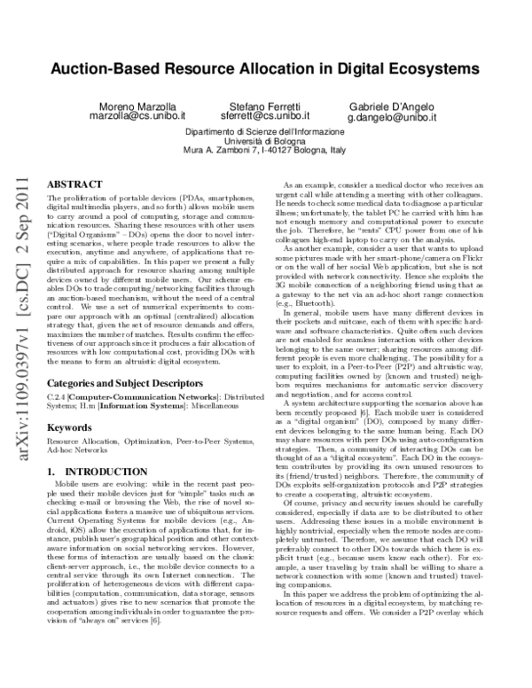 Pdf Auction Based Resource Allocation In Digital Ecosystems