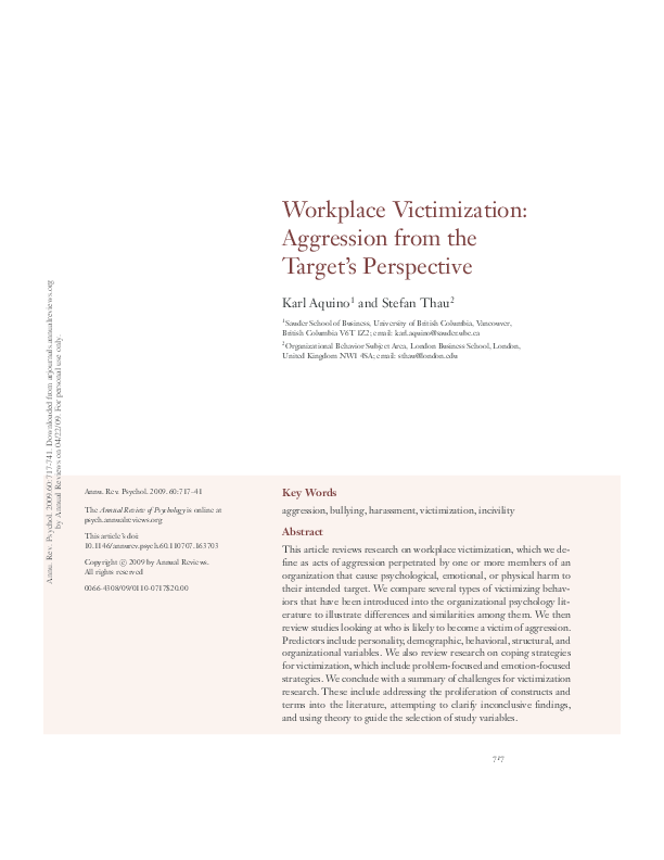 (PDF) Workplace Victimization: Aggression from the Target's Perspective