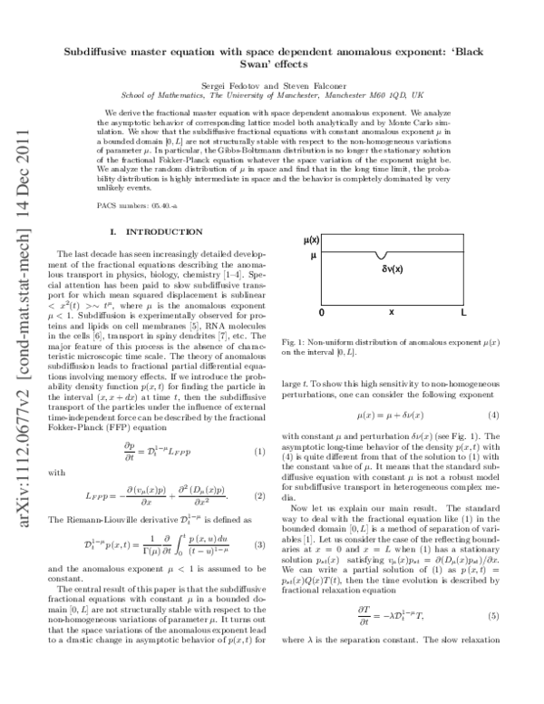 (PDF) Subdiffusive master equation with space dependent anomalous exponent:Black Swan'effects