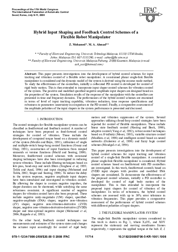 (PDF) Hybrid Input Shaping and Feedback Control Schemes of a Flexible Robot Manipulator