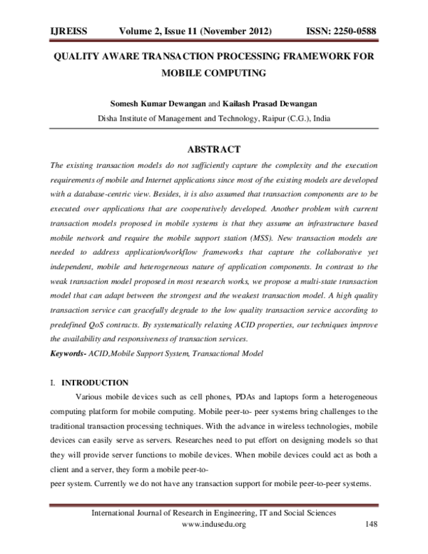 (PDF) QUALITY AWARE TRANSACTION PROCESSING FRAMEWORK FOR MOBILE COMPUTING