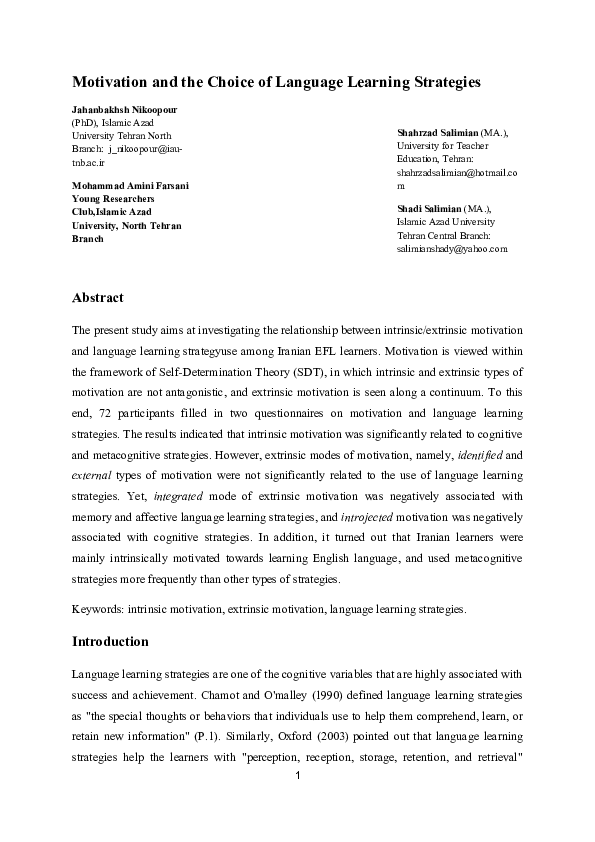 (DOC) Motivation and the Choice of Language Learning Strategies