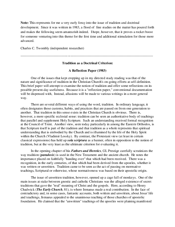 (DOC) Tradition as a Doctrinal Criterion: A Reflection Paper