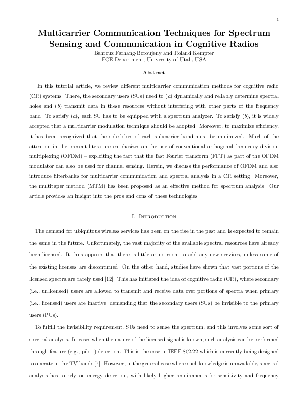 Pdf Multicarrier Communication Techniques For Spectrum Sensing And Communication In Cognitive
