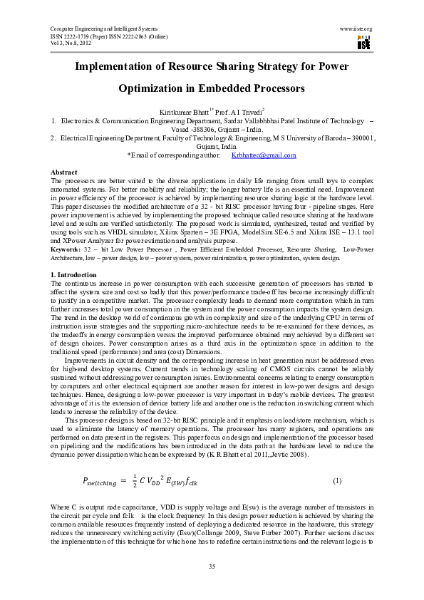 (PDF) Implementation of Resource Sharing Strategy for Power Optimization in Embedded Processors
