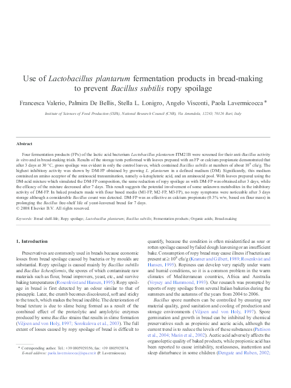 (PDF) Use of Lactobacillus plantarum fermentation products in bread ...