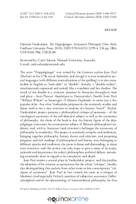 (PDF) Review of Dimitris Vardoulakis, The Doppelgänger: Literature's ...