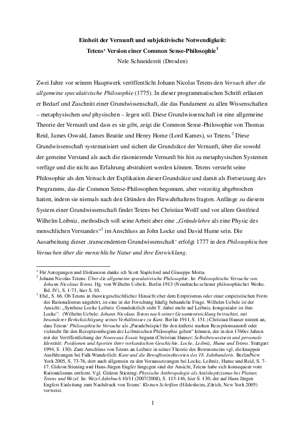 Einheit der Vernunft und subjektivische Notwendigkeit. Tetens' Version ...