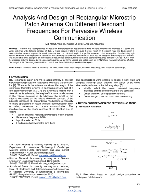 Pdf Analysis And Design Of Rectangular Microstrip Patch Antenna On Different Resonant