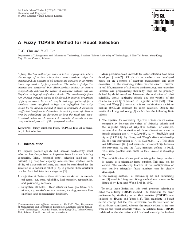 A fuzzy TOPSIS method for robot selection