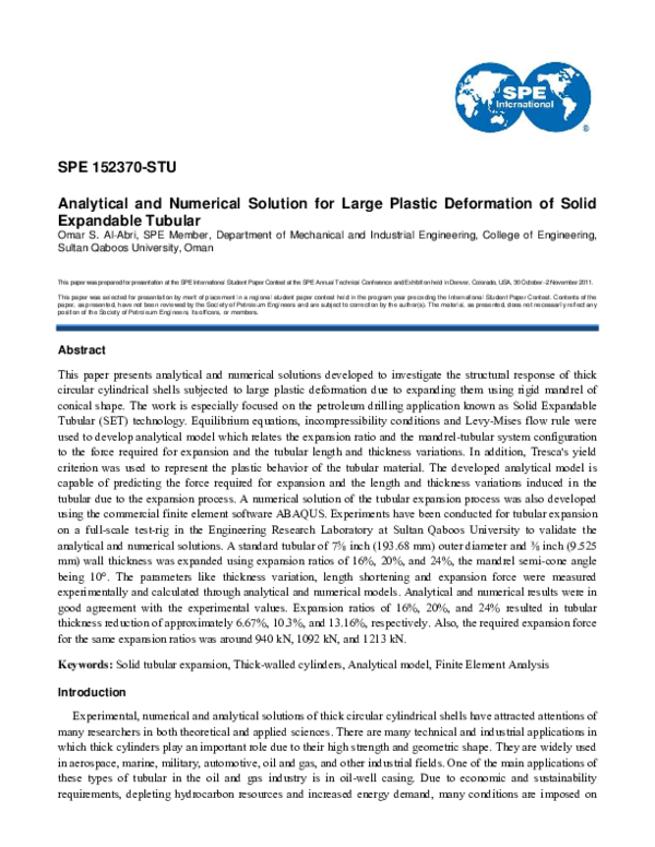 (PDF) Analytical and Numerical Solution for Large Plastic Deformation ...