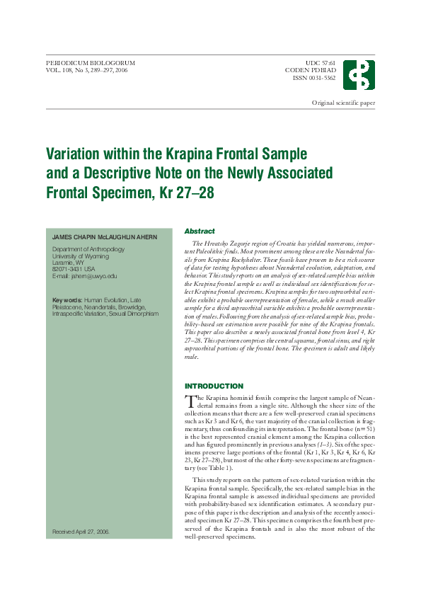 (PDF) Variation within the Krapina frontal sample and a descriptive ...